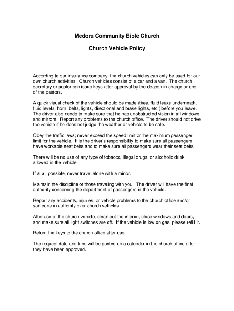 Fillable Online The Personal Use of Church-Owned Vehicles Fax Email ...