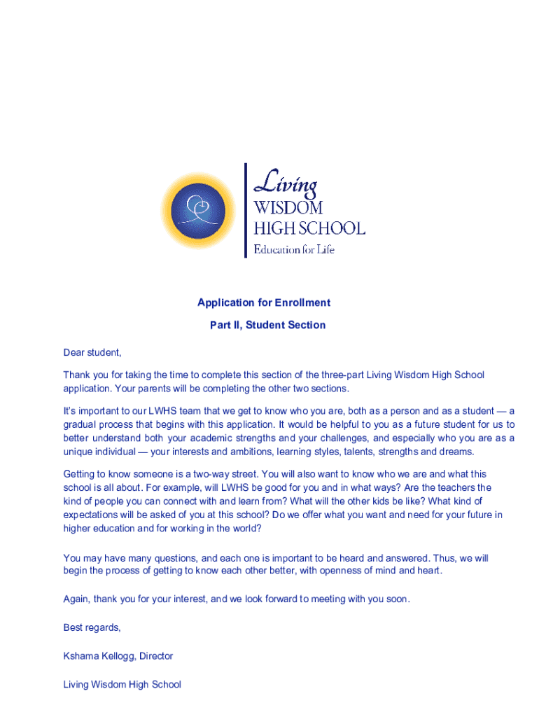 Fillable Online Application for Enrollment Part II, Student Section Fax Email Print - pdfFiller