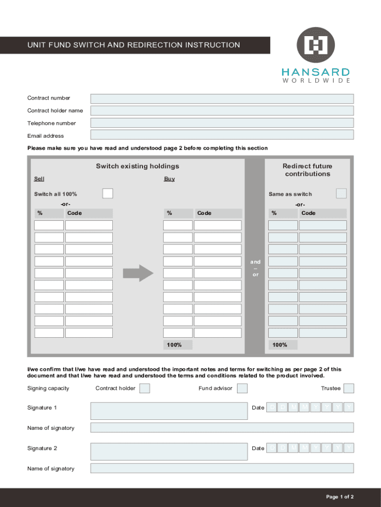Fillable Online Get the free Unit fund switch redirection instruction ...