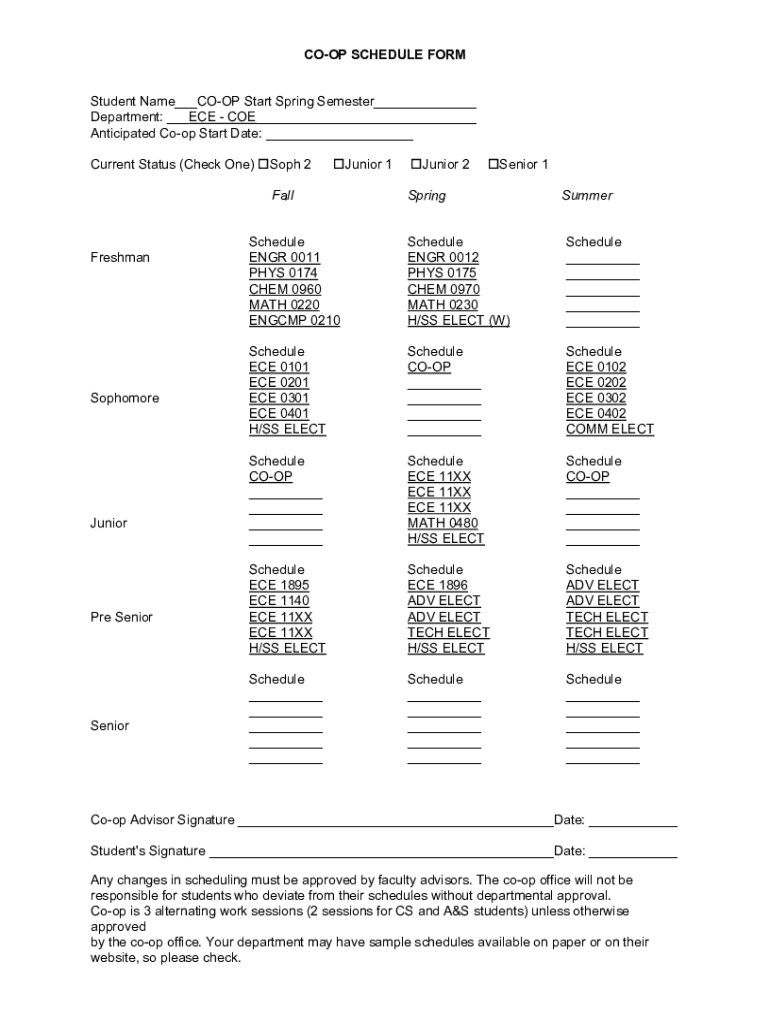 Fillable Online CO-OP SCHEDULE FORM Student NameCO- ... Fax Email Print ...