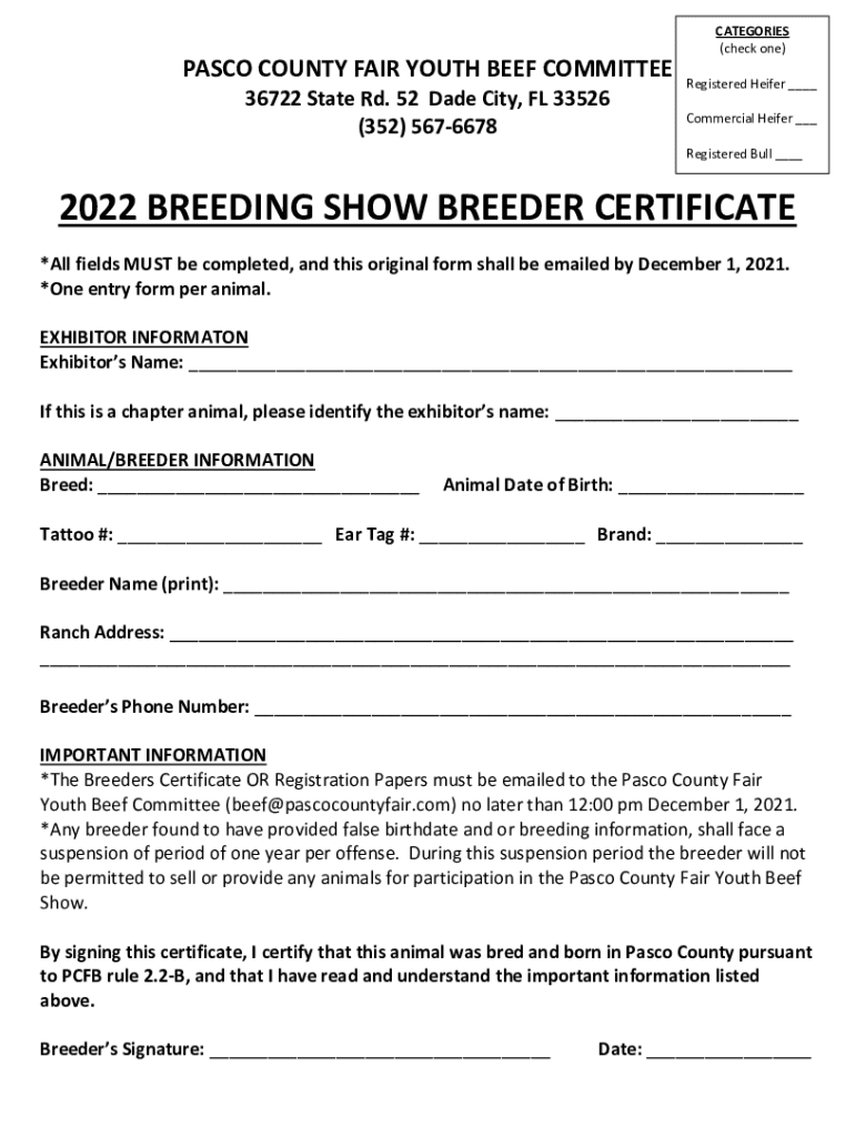 Fillable Online 2023 BREEDING SHOW BREEDER CERTIFICATE Fax Email Print - pdfFiller
