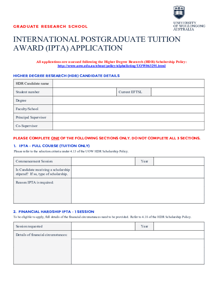 Fillable Online International Postgraduate Tuition Award Application ...