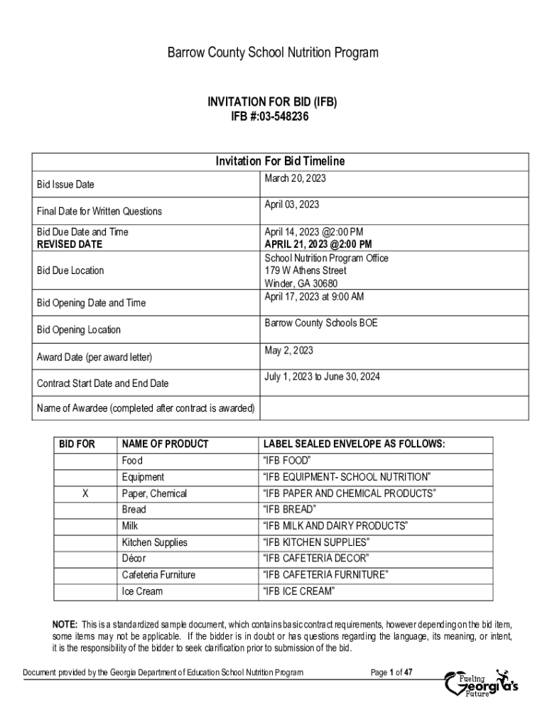 Fillable Online INVITATION TO BID - SCHOOL FOOD NUTRITION Fax Email ...