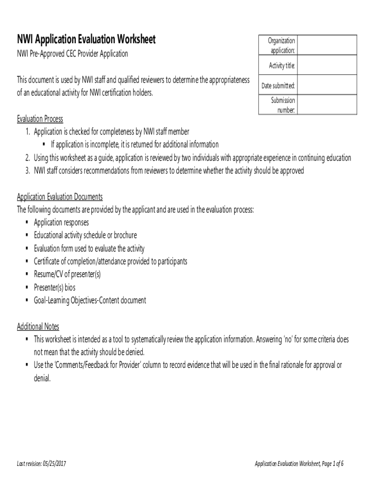 Fillable Online NWI Application Evaluation Worksheet Fax Email Print ...
