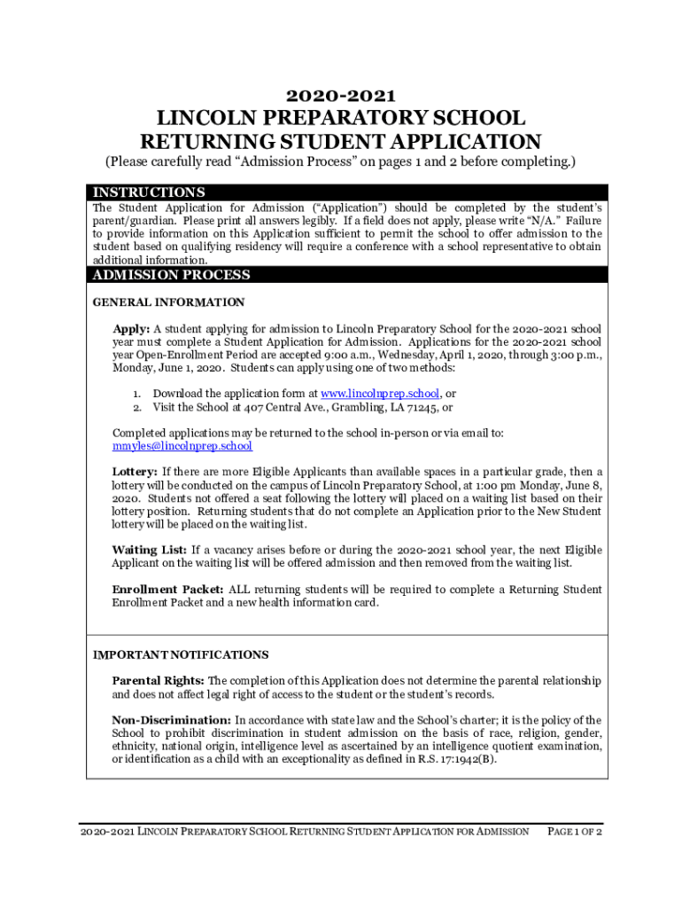 Fillable Online Enrollment Documents and Forms - Lincoln Preparatory ...