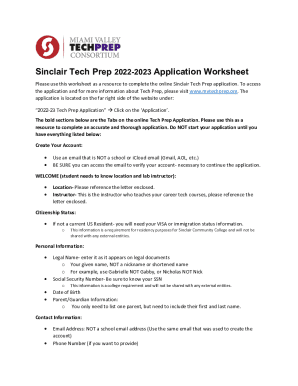 Fillable Online Sinclair Tech Prep 2022-2023 Application Worksheet Fax Email Print - pdfFiller