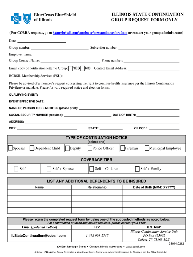 Fillable Online Illinois State Continuation Group Request Form Fax ...