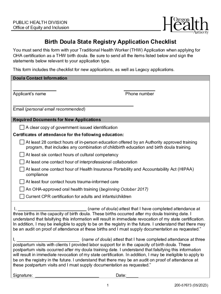 Fillable Online 200-57673Doula Application Checklist. OHA 9245 Medical ...