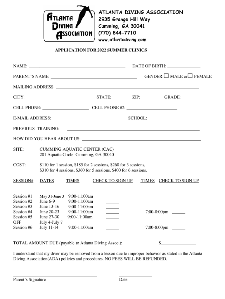 Fillable Online ATLANTA DIVING ASSOCIATION 2935 Grange Hill Way ... Fax Email Print - pdfFiller