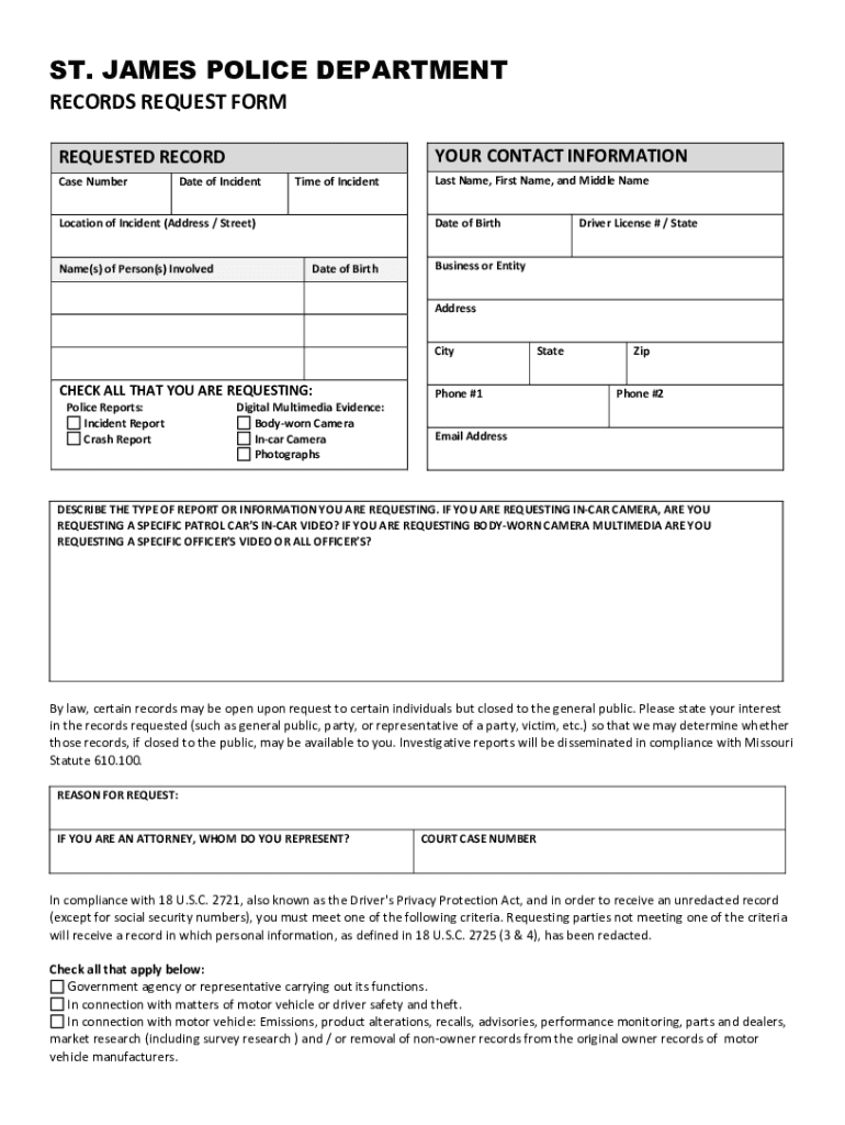 Fillable Online st. james police department - records request form Fax ...