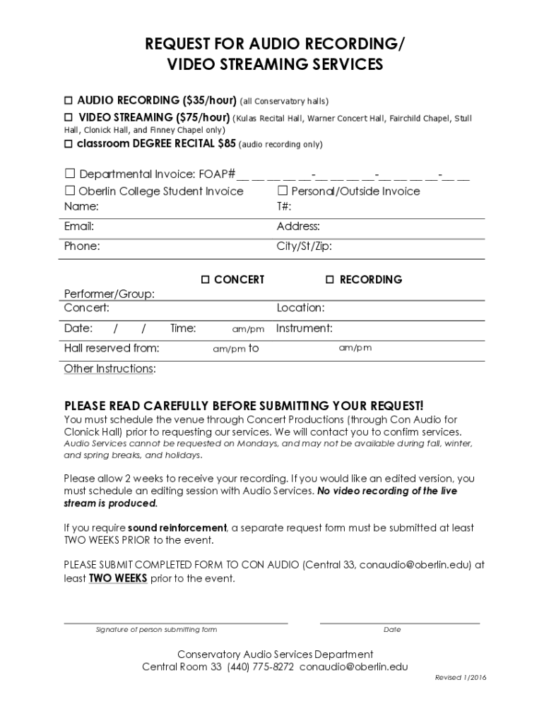 Fillable Online REQUEST FOR AUDIO RECORDING/ VIDEO STREAMING ... Fax ...