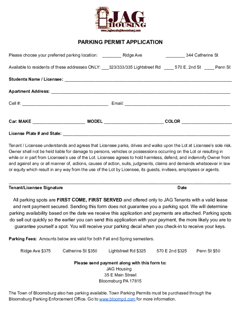 Fillable Online Parking Permit Application - Tenant Info Fax Email Print - pdfFiller