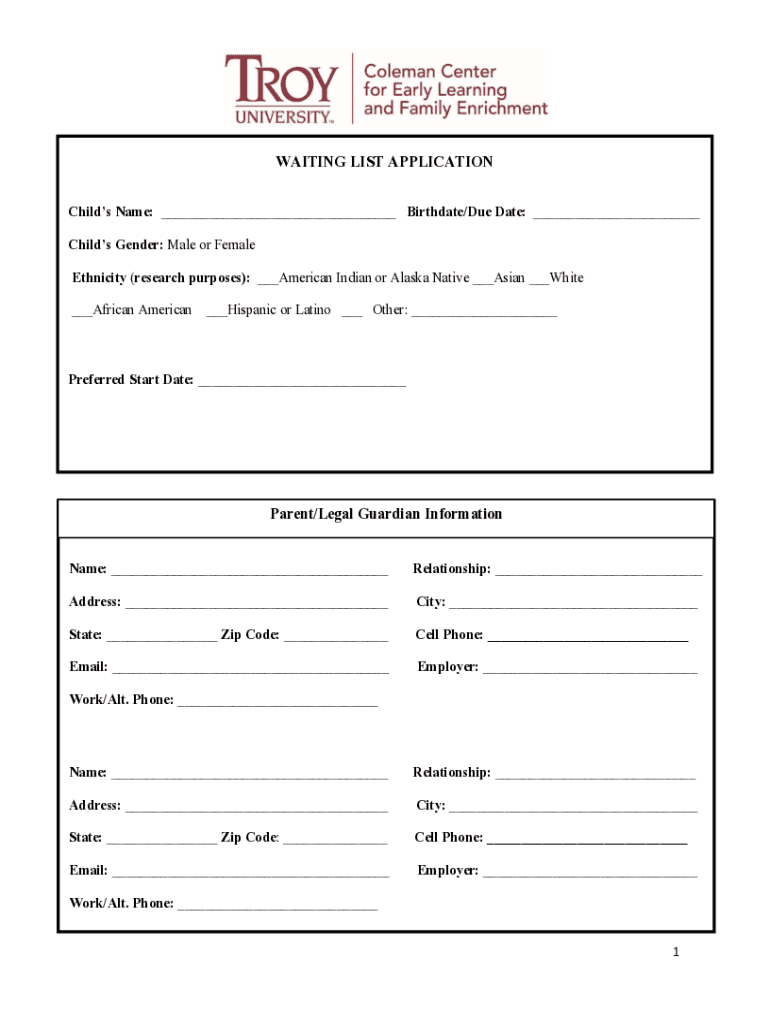 Fillable Online WAITING LIST APPLICATION Parent/Legal Guardian ... Fax Email Print - pdfFiller