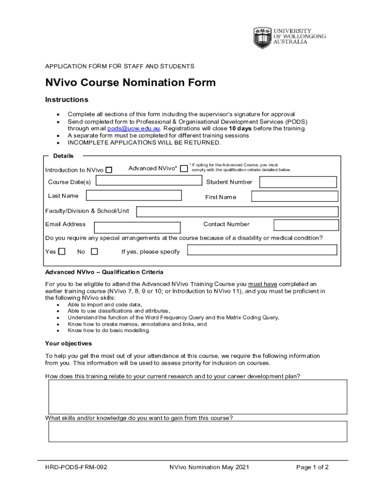 Fillable Online NVivo Course Nomination Form Fax Email Print - pdfFiller