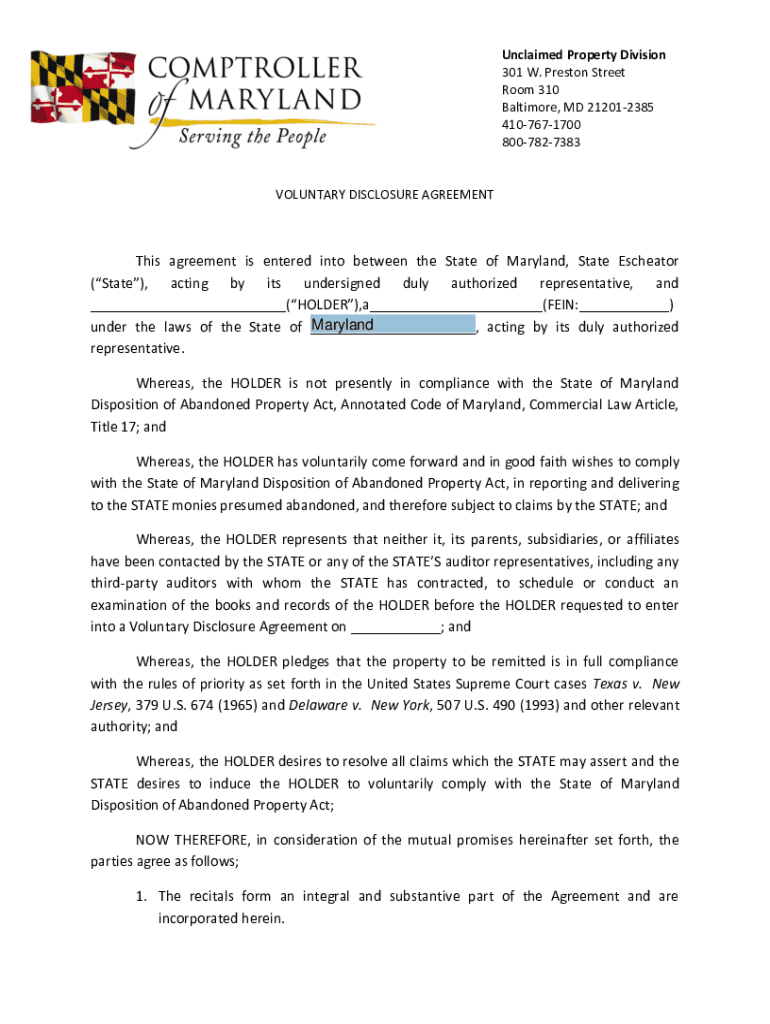 Fillable Online Voluntary Disclosure Agreement. Unclaimed Property ...