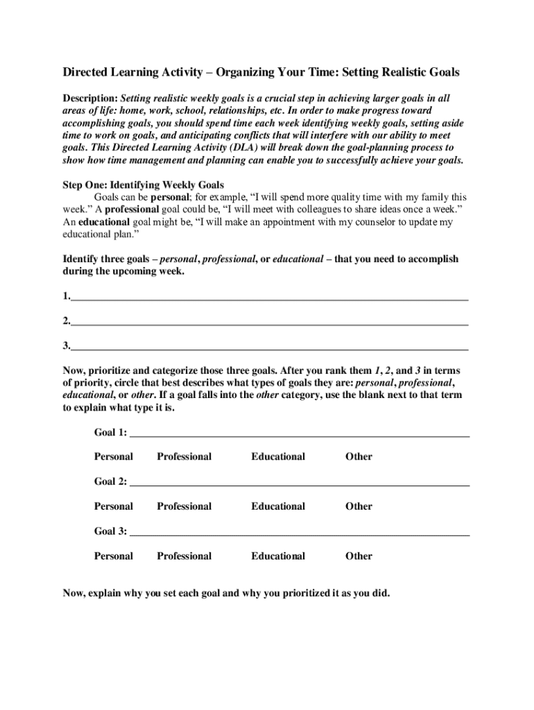 Fillable Online Goal Setting and Attainment (The skill of Title: Making ...