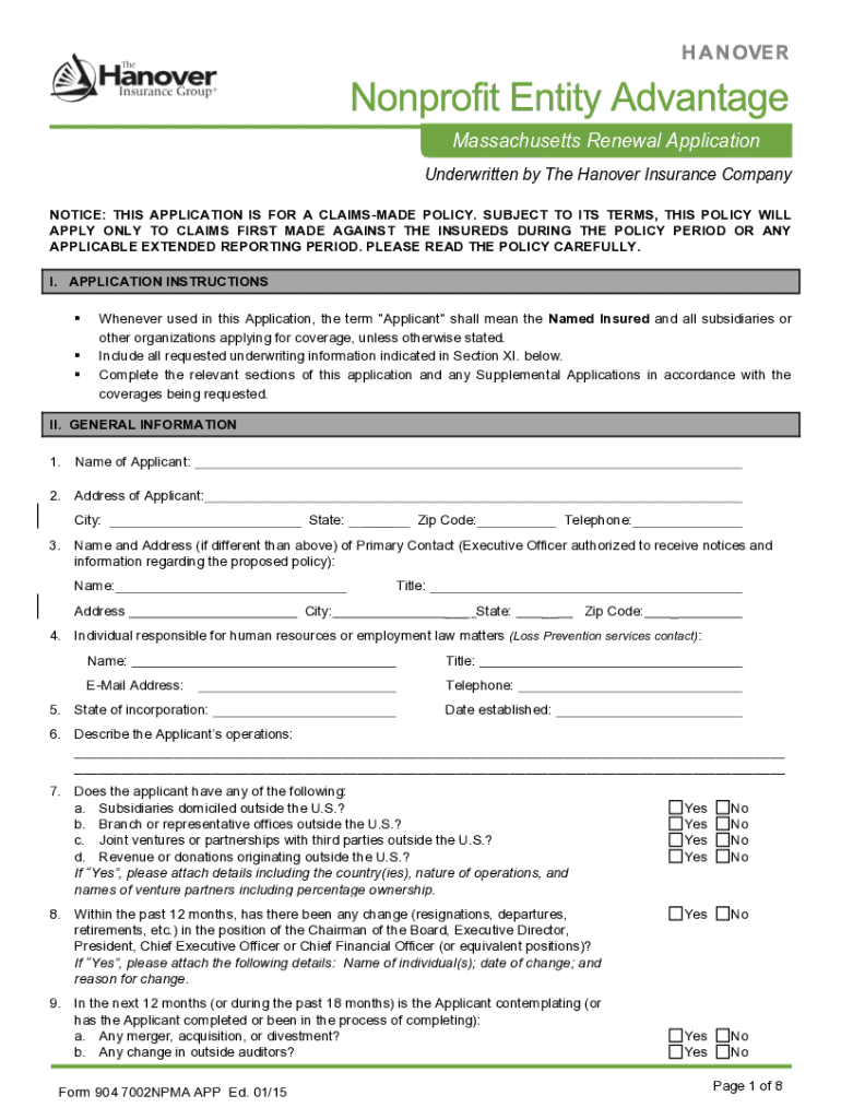 Fillable Online Small Firm New Business Application - The Hanover ...