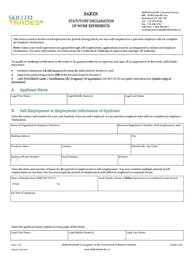Fillable Online An Employer Declaration of Work Experience form must be ...