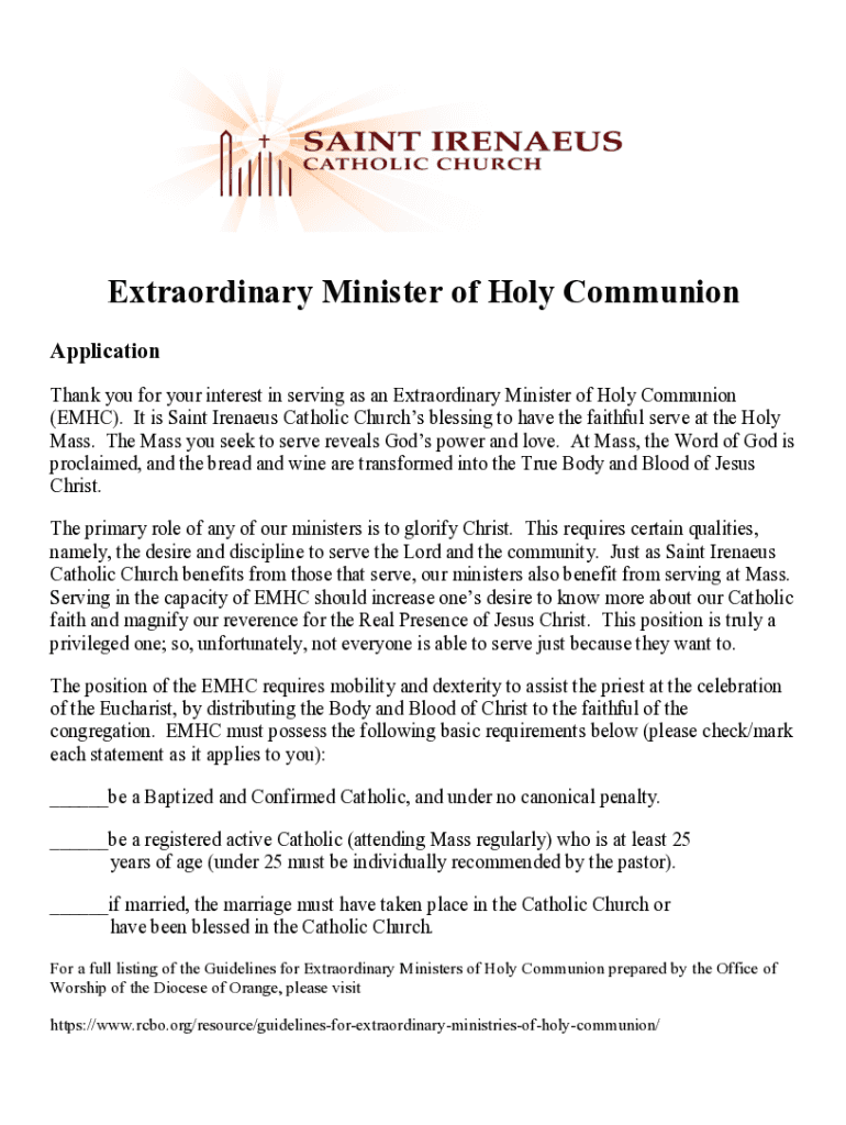 Fillable Online Extraordinary Minister of Holy Communion Application ...