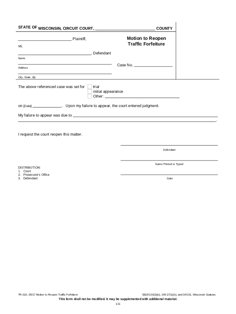 TR-311: Order on Motion to Reopen Traffic Forfeiture Doc Template ...