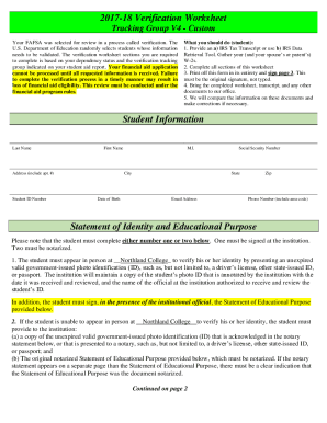 Fillable Online 2017-2018 Verification Worksheet Tracking Group Custom ...