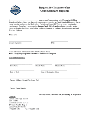 Fillable Online Request for Issuance of an Adult Standard Diploma Fax ...