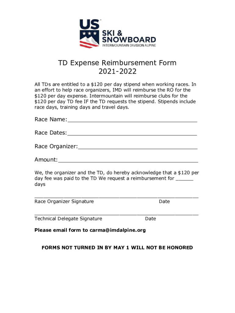 Fillable Online TD Expense Reimbursement Form 2021-2022 Fax Email Print - pdfFiller