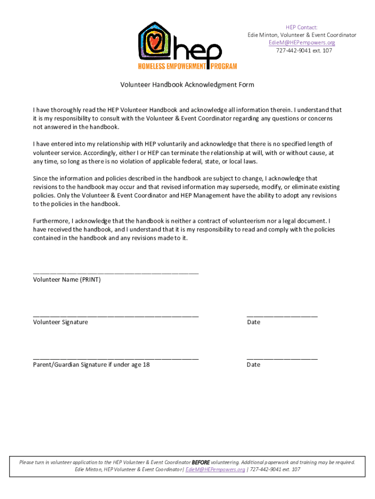Fillable Online Volunteer Handbook Acknowledgment Form Fax Email Print ...
