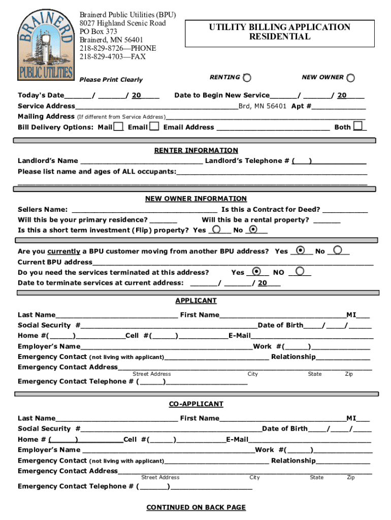 Fillable Online UTILITY BILLING APPLICATION RESIDENTIAL Fax Email Print ...