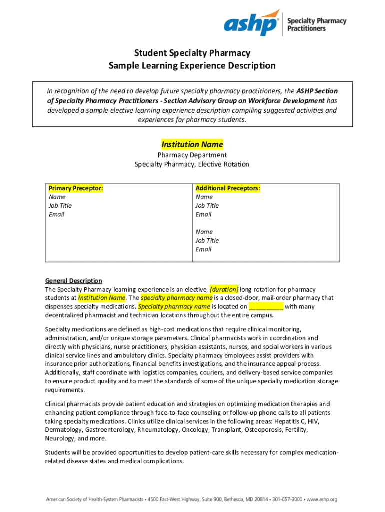 Fillable Online Student Specialty Pharmacy Sample Learning Experience ...