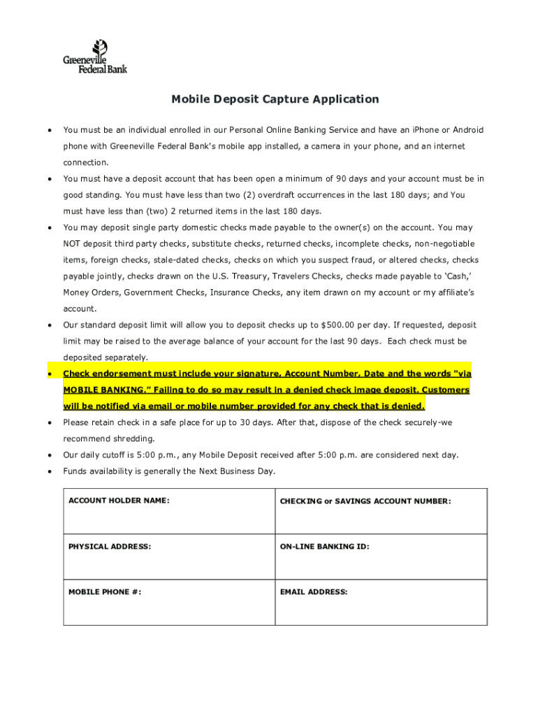 Fillable Online Mobile Deposit Capture Application Fax Email Print ...