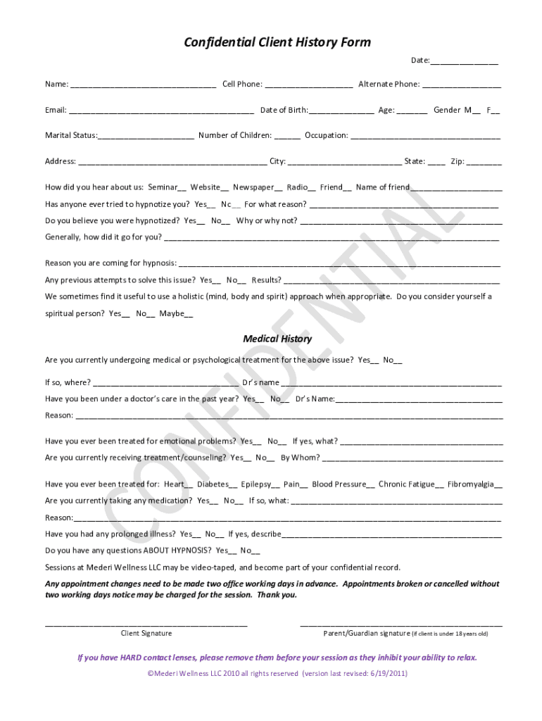 Fillable Online Confidential Client History Form - Mederi Wellness Fax ...