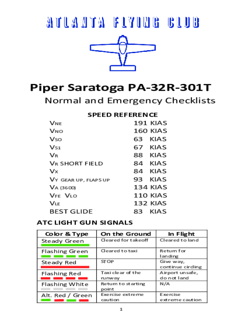 Fillable Online Piper Saratoga PA-32R-301T - Normal and Emergency ...