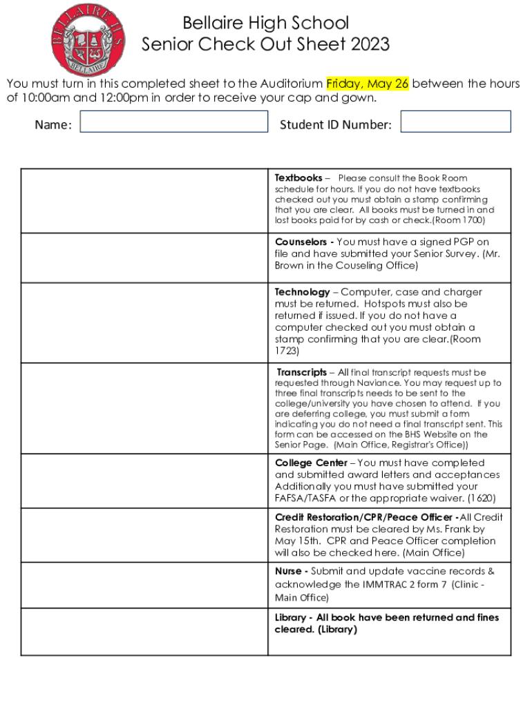 Fillable Online Senior Check Out Form 2023 - Bellaire Fax Email Print ...