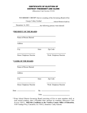 Fillable Online Certificate of Election of District President and Clerk ...