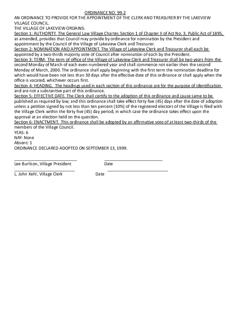 Fillable Online Sample Ordinance to Appoint the Village Clerk Fax Email ...