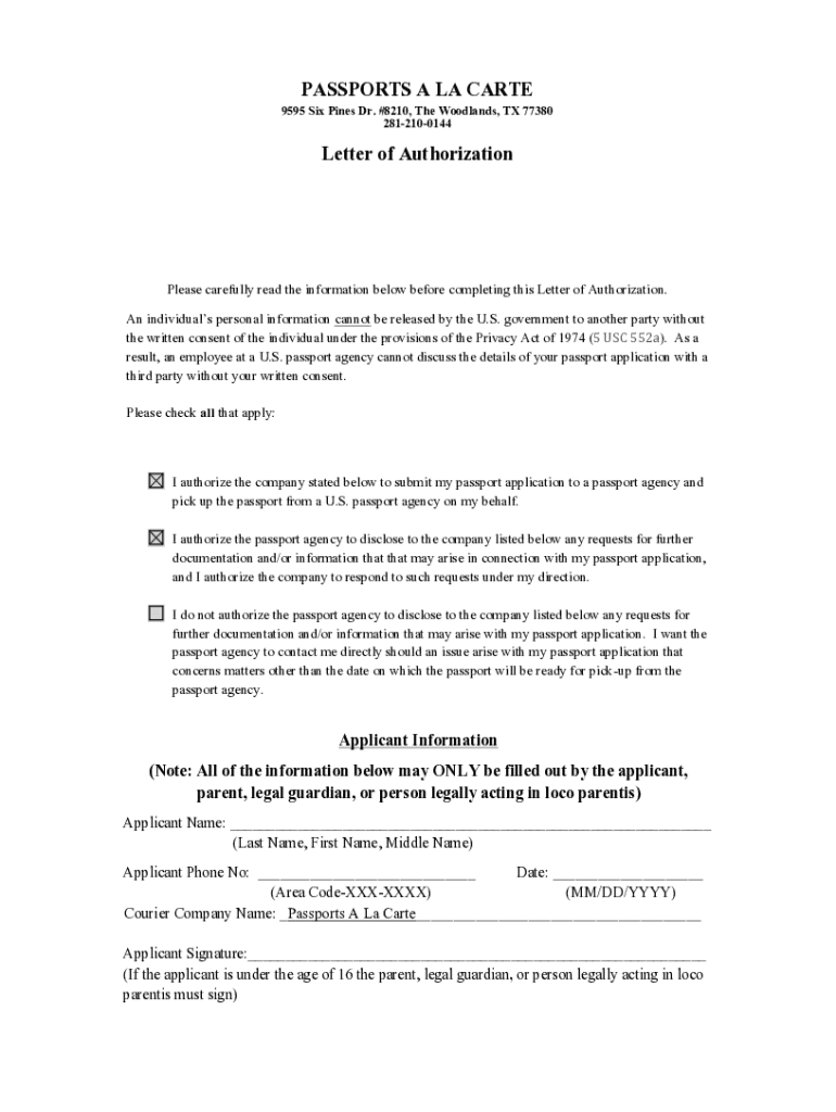 Fillable Online PASSPORTS A LA CARTE Letter of Authorization Fax Email Print - pdfFiller