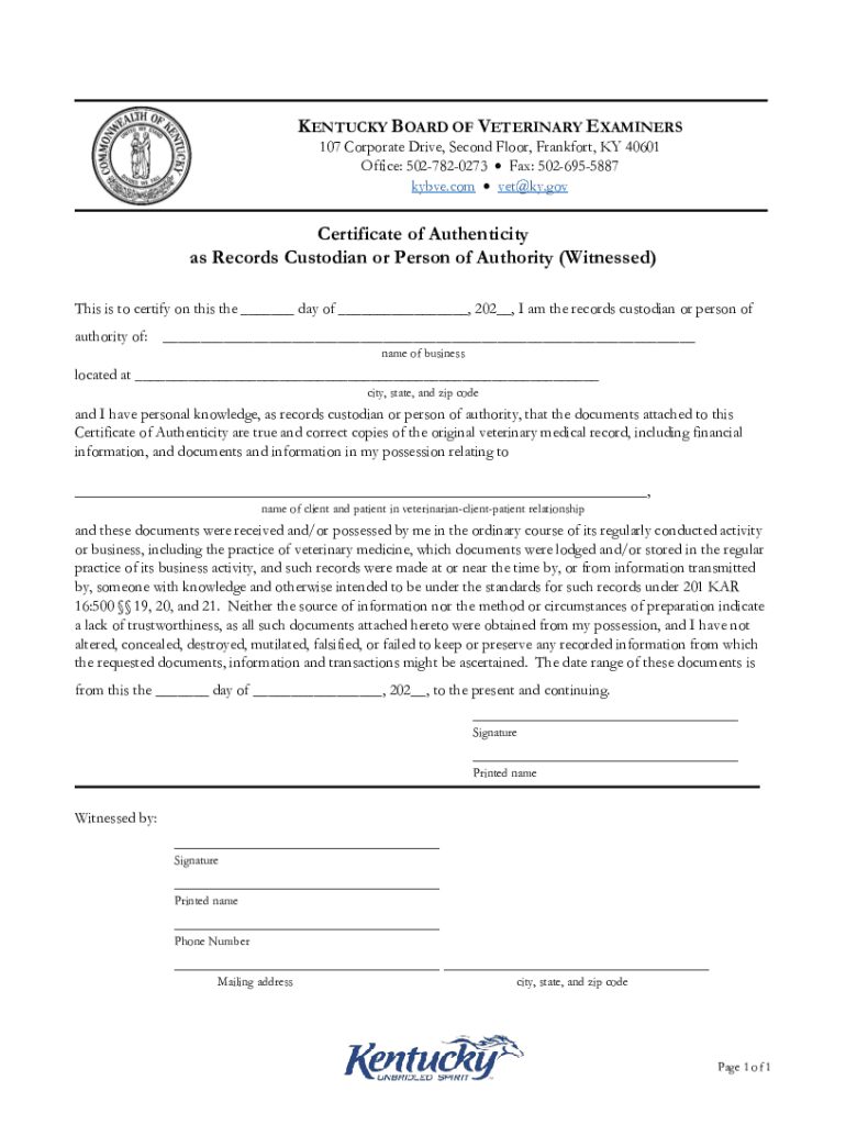 Fillable Online Certificate of Authenticity as Records Custodian or ...