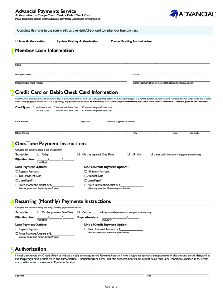 Fillable Online Advancial Payments Service. Authorization to Charge ...