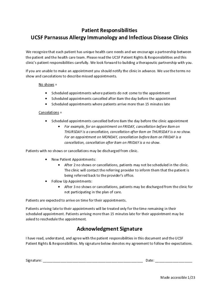 Fillable Online Patient Responsibilities UCSF Parnassus Allergy Immunology and Infectious ...