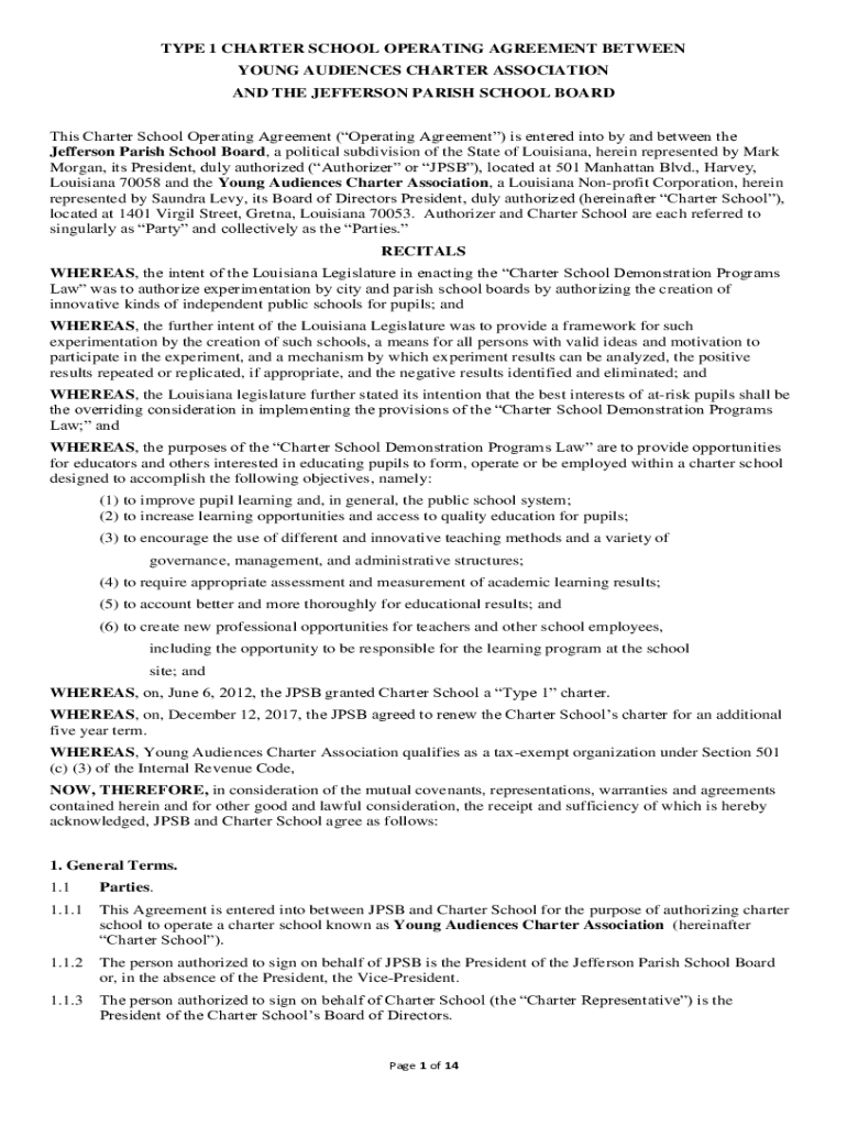 Fillable Online TYPE 1 CHARTER SCHOOL OPERATING AGREEMENT ... Fax Email ...
