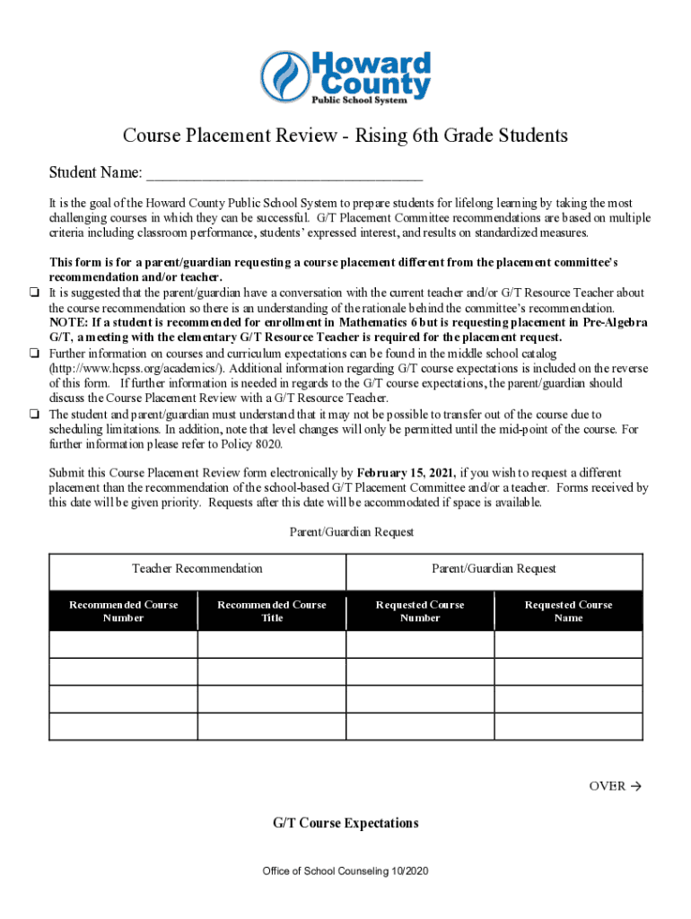 Fillable Online fqms hcpss High School Course Placement Review Form Fax ...
