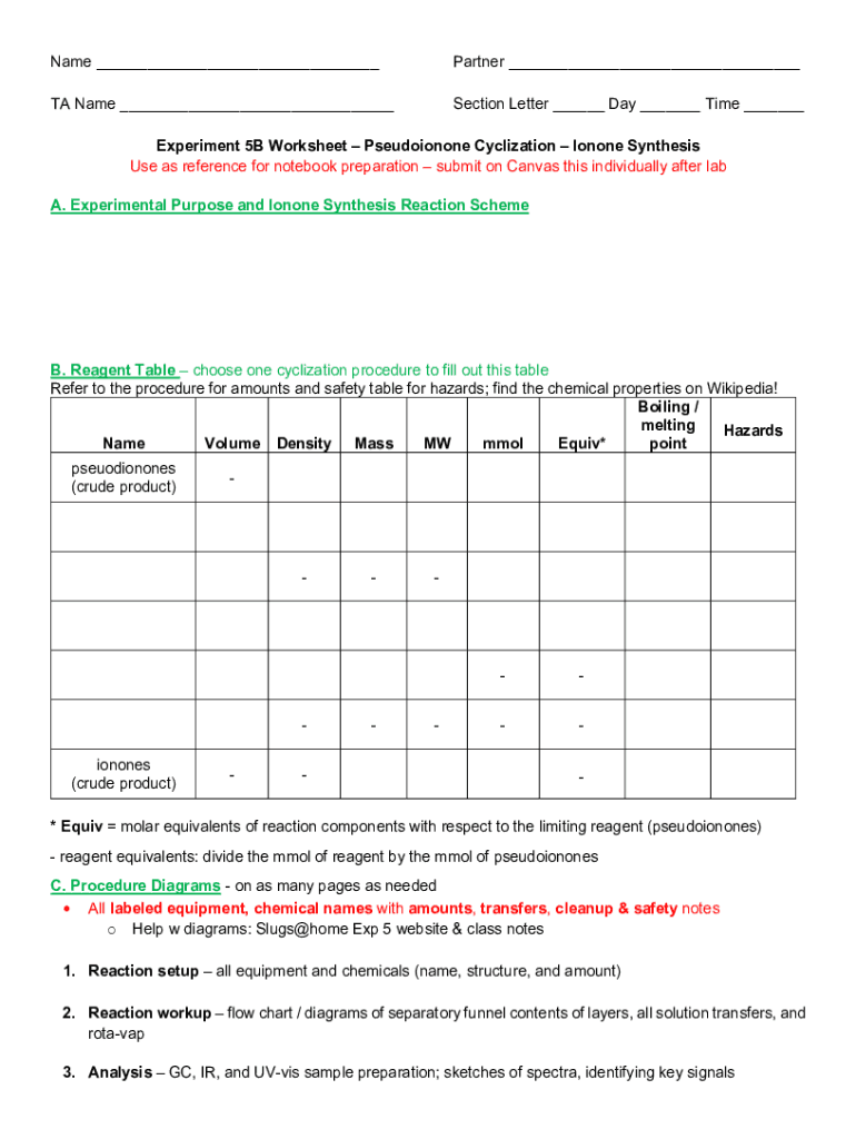 Fillable Online Experiment 5B Worksheet - Ionones Fax Email Print - pdfFiller