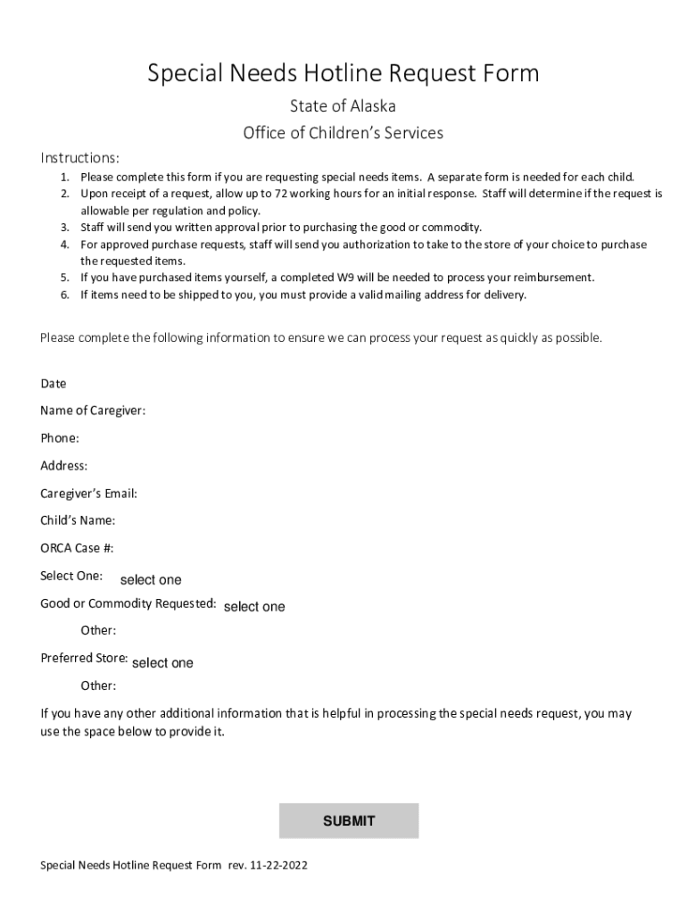 Fillable Online Special Needs Hotline Request Form. Special Needs ...