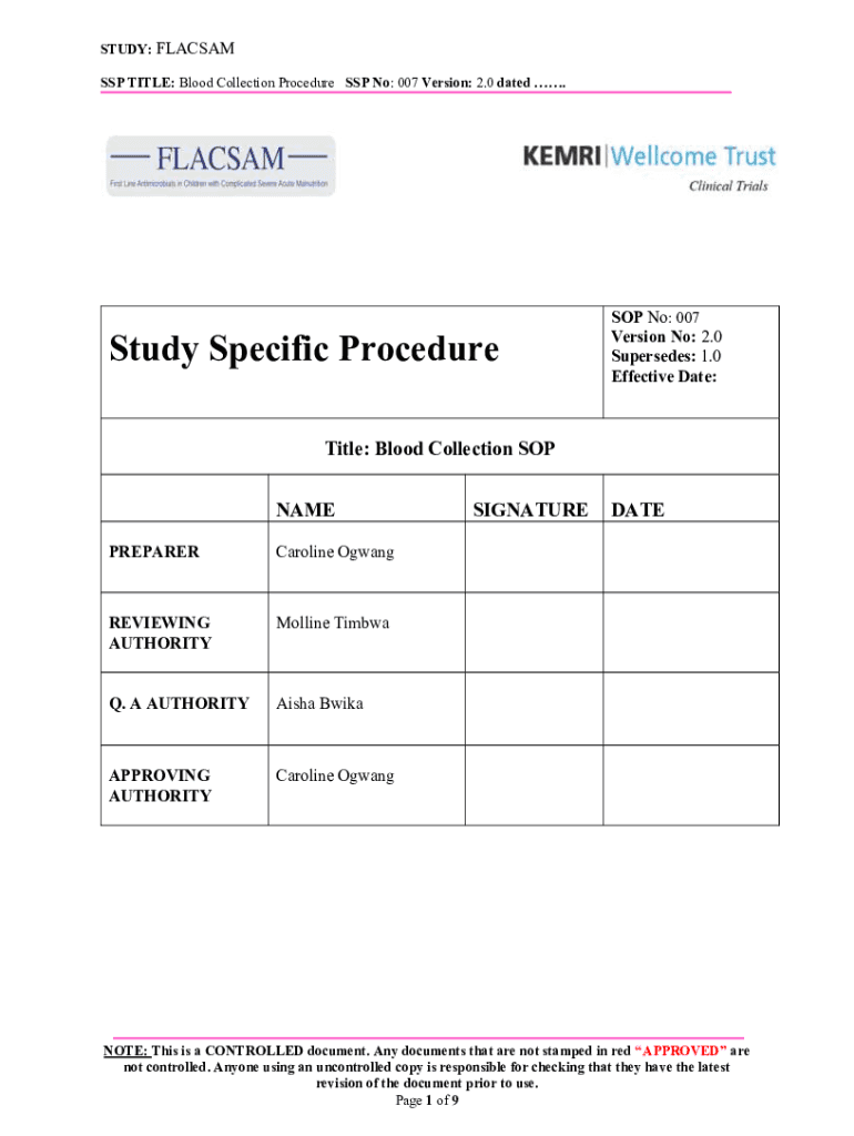 Fillable Online Study Specific Procedure Title: Sample Transportation ...
