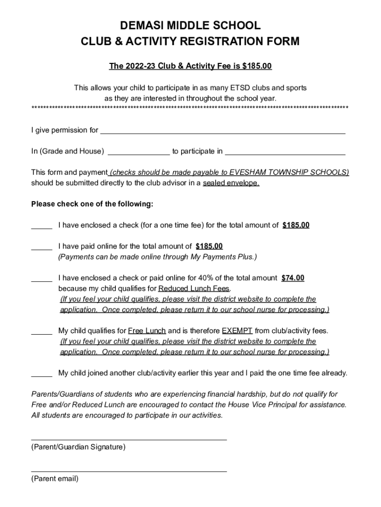 Fillable Online DMS CLUB & ACTIVITY FORM 22-23 Fax Email Print - pdfFiller
