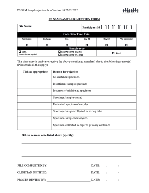 Fillable Online PB SAM Sample rejection form Version 1.0 22/02/2022 Fax ...