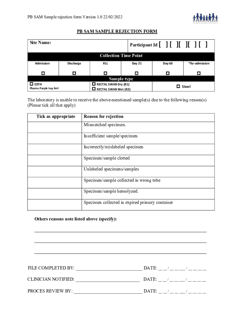 Fillable Online PB SAM Sample rejection form Version 1.0 22/02/2022 Fax ...
