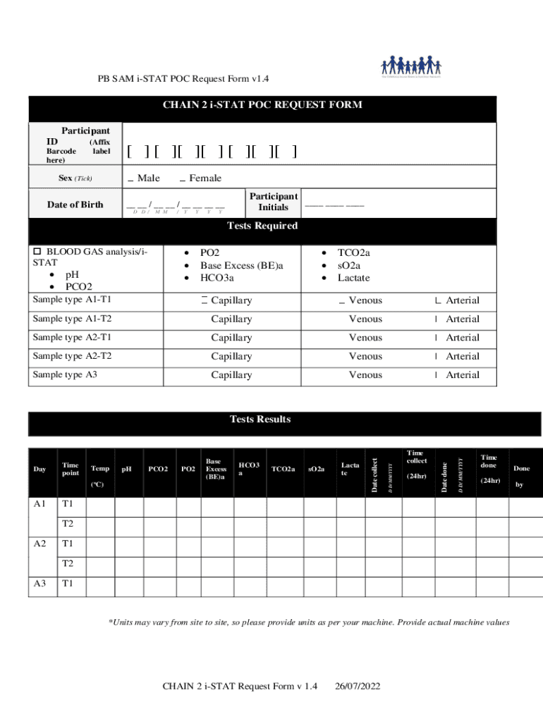 Fillable Online CHAIN 2 i-STAT POC REQUEST FORM Male Female ... Fax ...