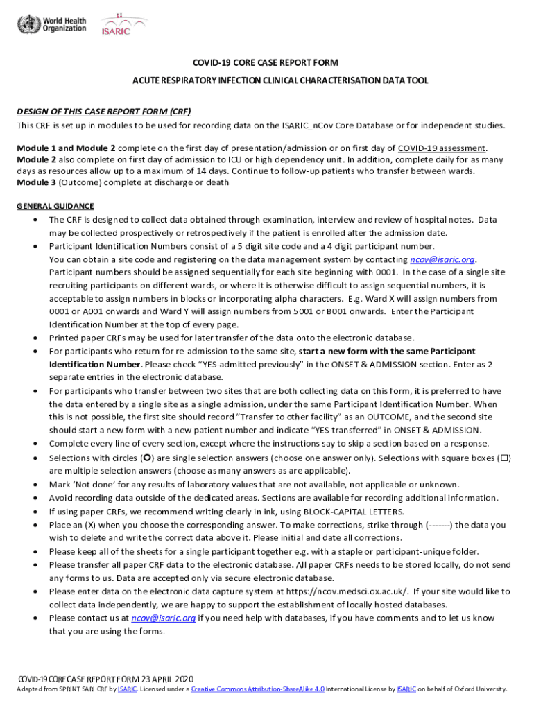Fillable Online CASE RECORD FORM INSTRUCTIONS SEVERE ACUTE ... Fax ...